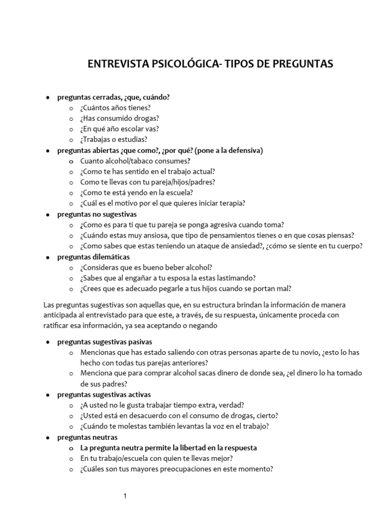 Entrevista Psicológica - Tipos de Preguntas | PDF
