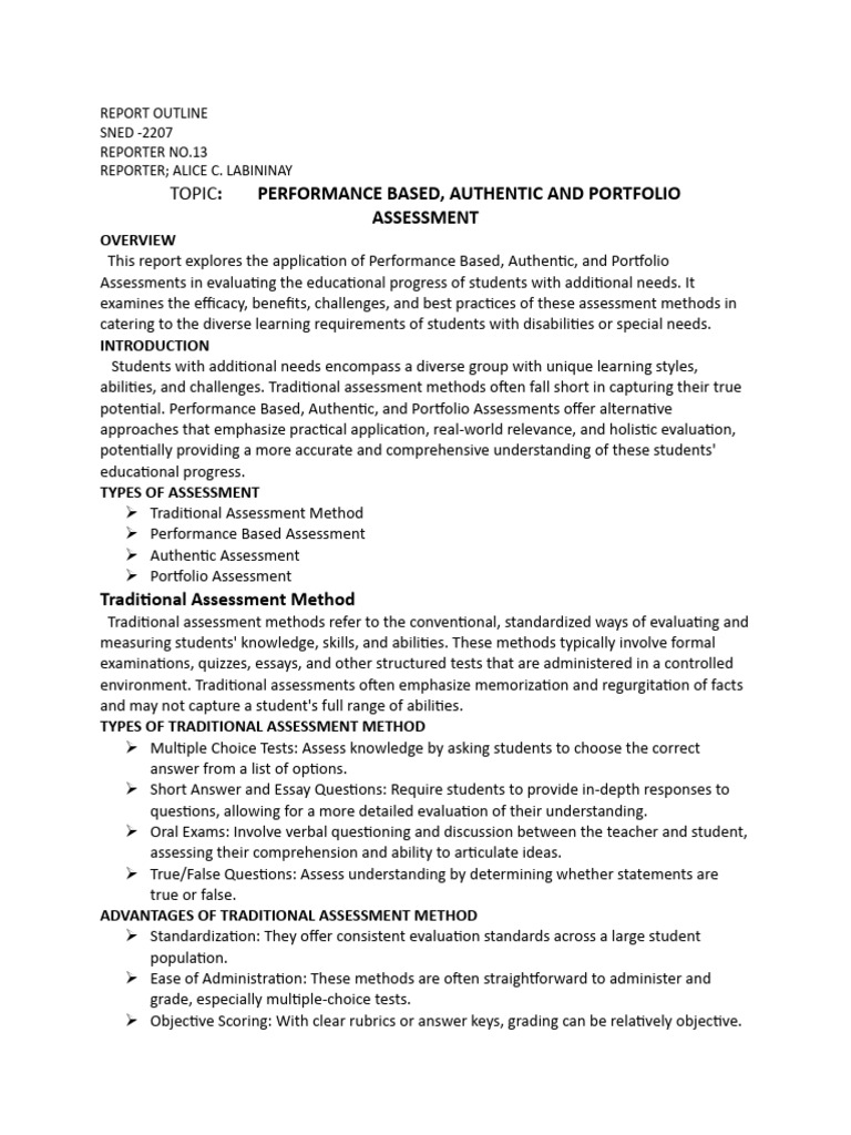Report Outline Sned 2207 Performance Based Authentic Portfolio Assessment Pdf Educational
