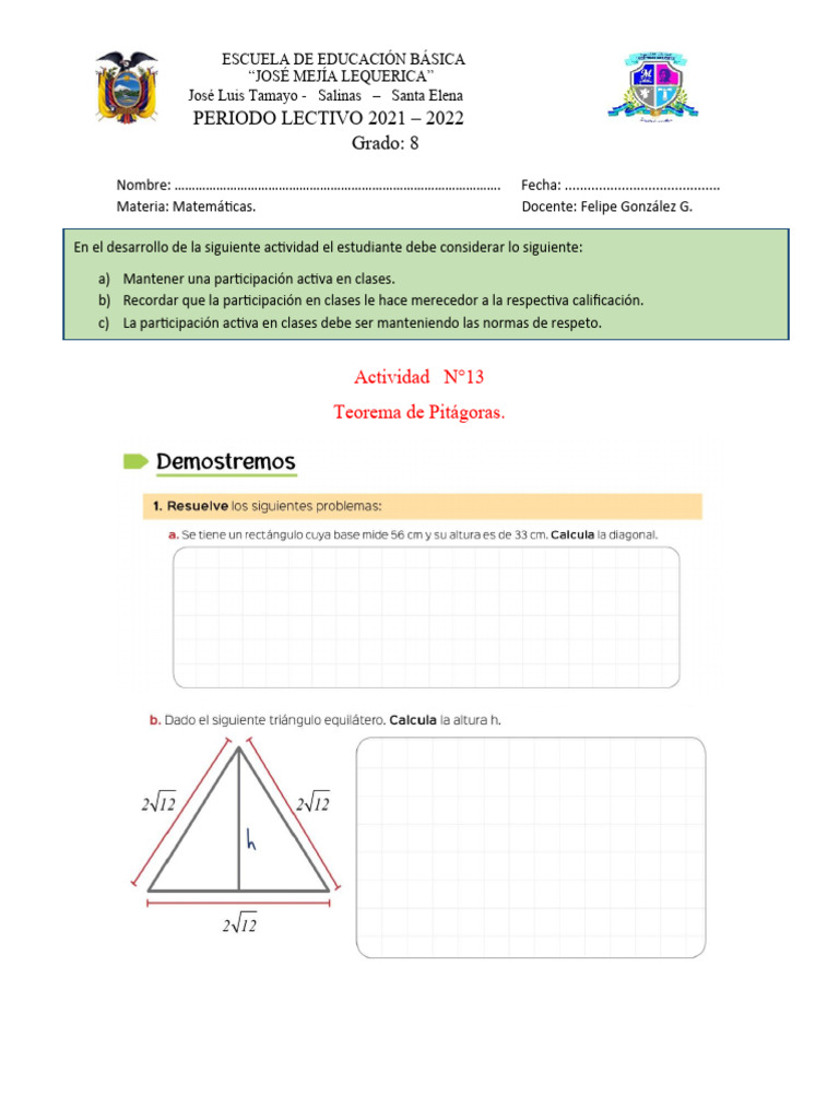 Actividad - Deber 13 Teorema de Pitágoras | PDF | Triángulo | Geometría triangular