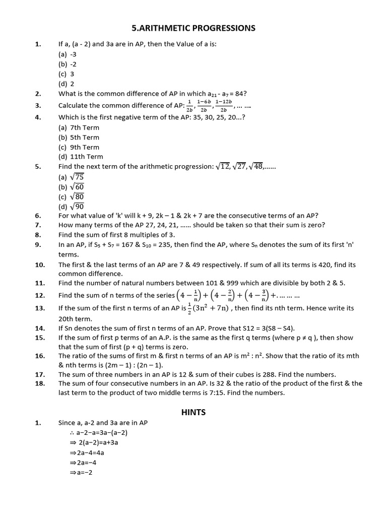 Arithmetic Progression Imp Questions CBSE | PDF | Algebra ...