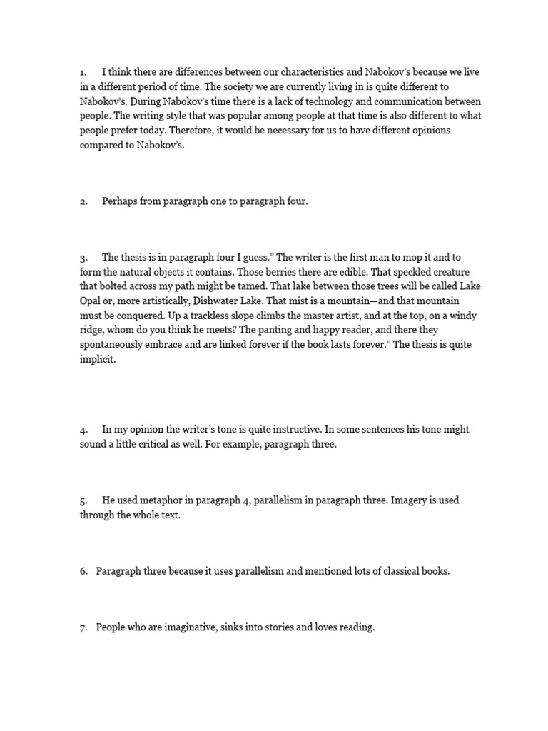 Vladimir Nabokov Good Readers and Good Writers Questions | PDF ...
