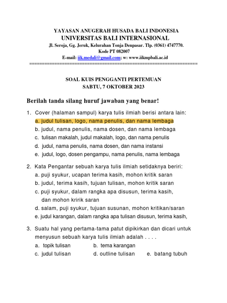 Soal Kuis Bahasa Indonesia I | PDF