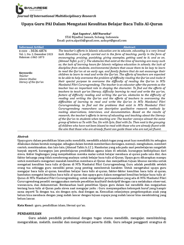 1062-1073 Upaya Guru PAI Dalam Mengatasi Kesulitan Belajar Baca Tulis Al-Quran | PDF ...