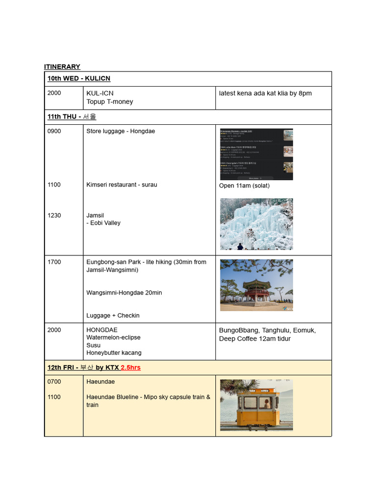 Seoul-Busan Itinerary | PDF