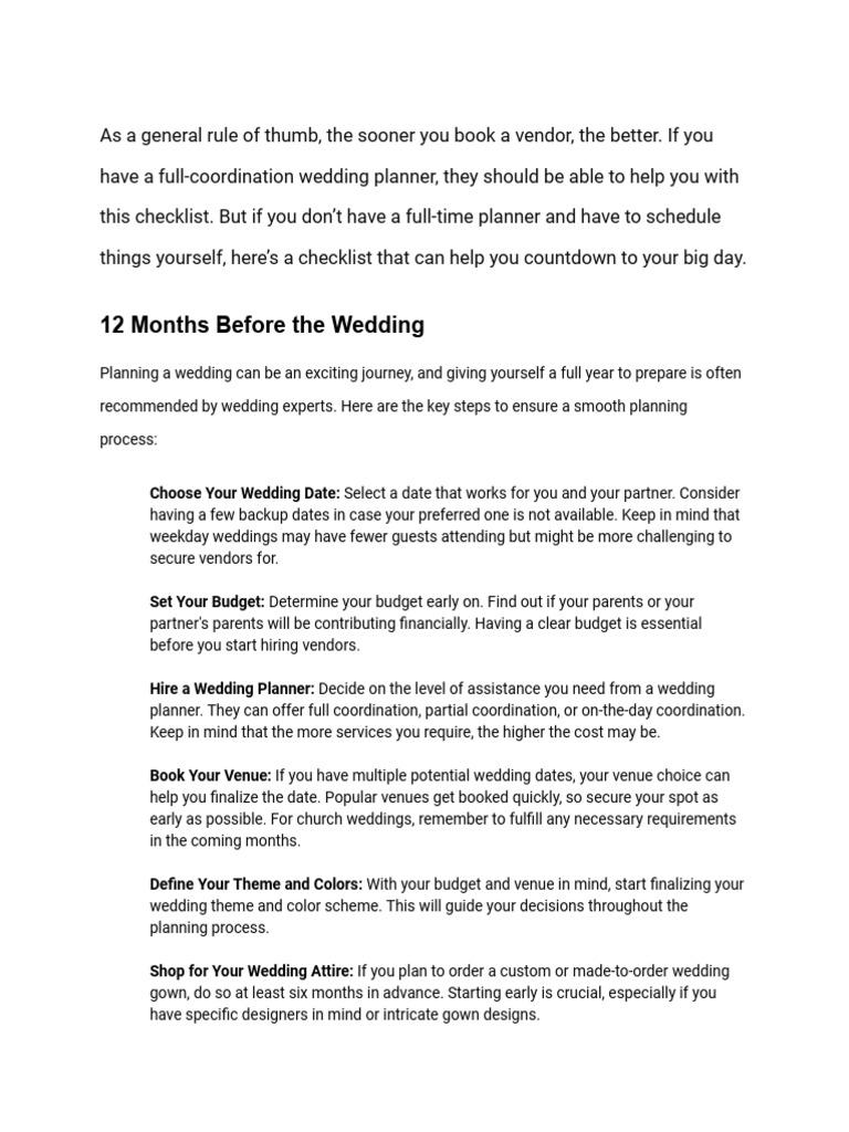 12 month Wedding Checklist for Filipino Couples | PDF | Wedding | Floristry