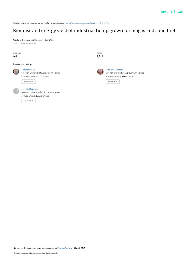 Biomass and Energy Yield of Industrial Hemp Grown For Biogas and Solid ...