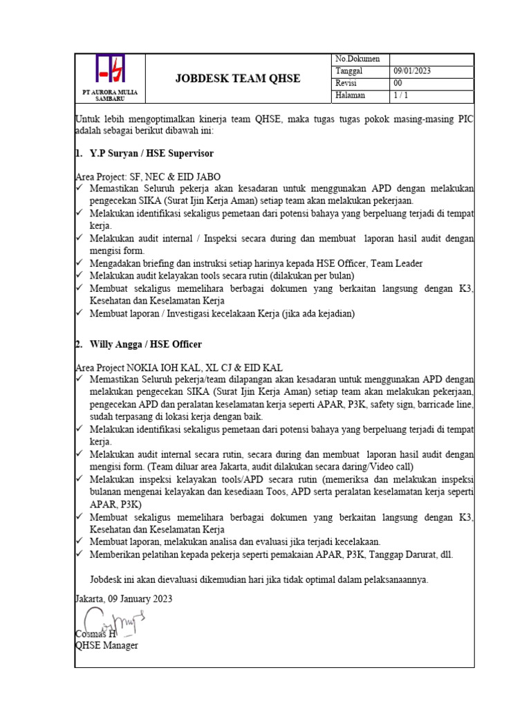 Jobdesk Team Qhse | PDF | Teknologi & Rekayasa