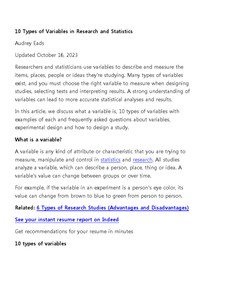 10 Types of Variables in Research and Statistics | PDF