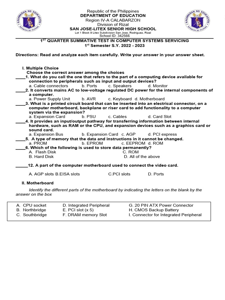 1st Summative Test in Css Sy 2022 - 2023 | PDF | Office Equipment ...