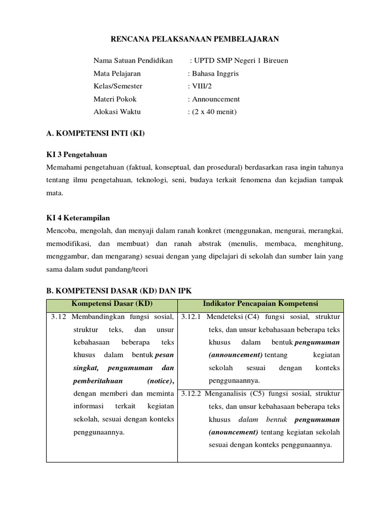 RPP Announcement - PJBL SLTP | PDF | Karier & Perkembangan | Seni