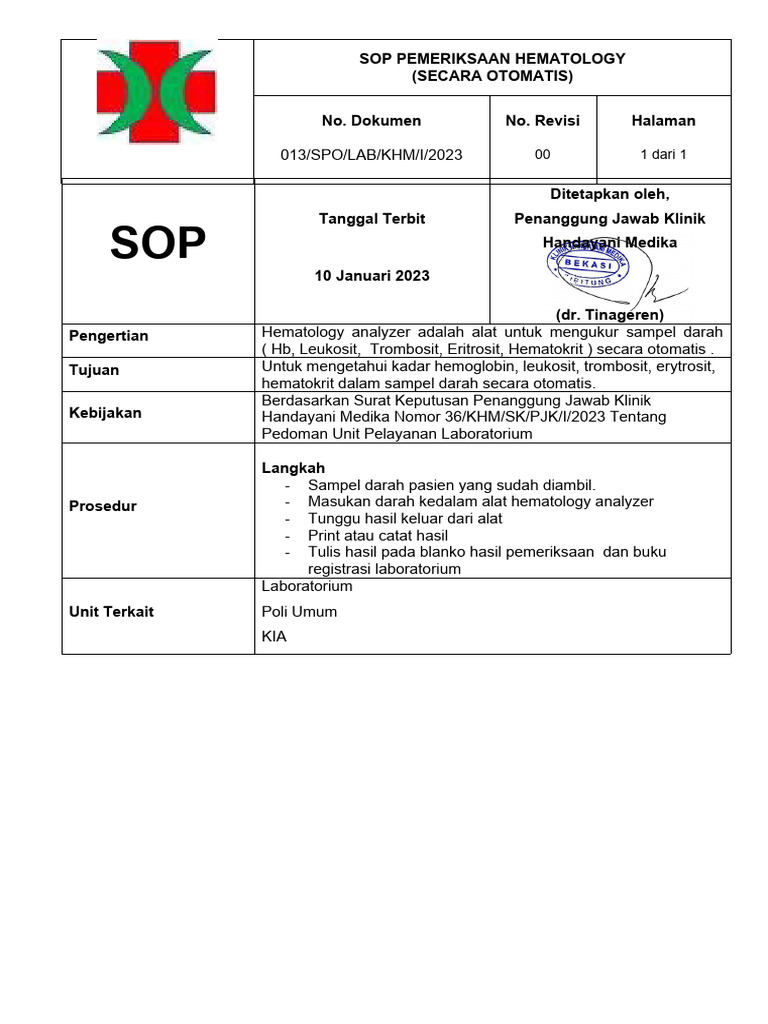13.sop Pemeriksaan Hematology Analyzer | PDF