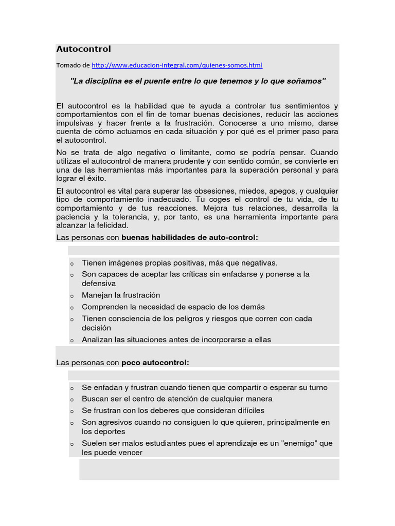 Pautas para El Desarrollo Del Autocontrol | PDF | Aprendizaje ...