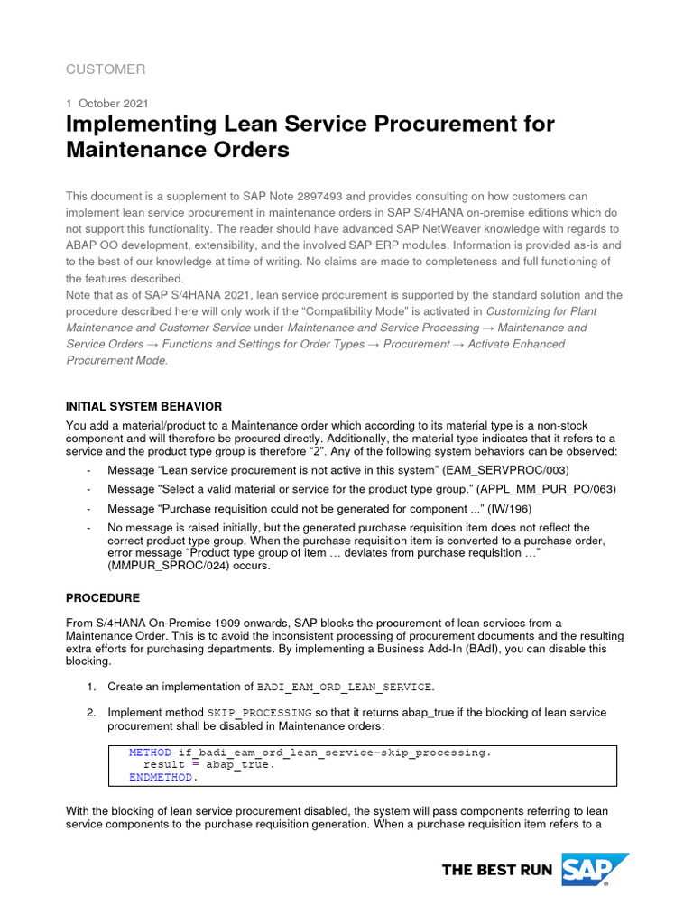 SAP Note 2897493 Example Implementation - Lean Services | PDF | Procurement | Computer Programming