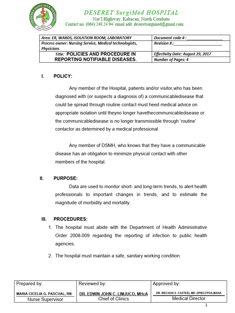 Reporting Policies for Notifiable Diseases | PDF | Hospital | Nursing