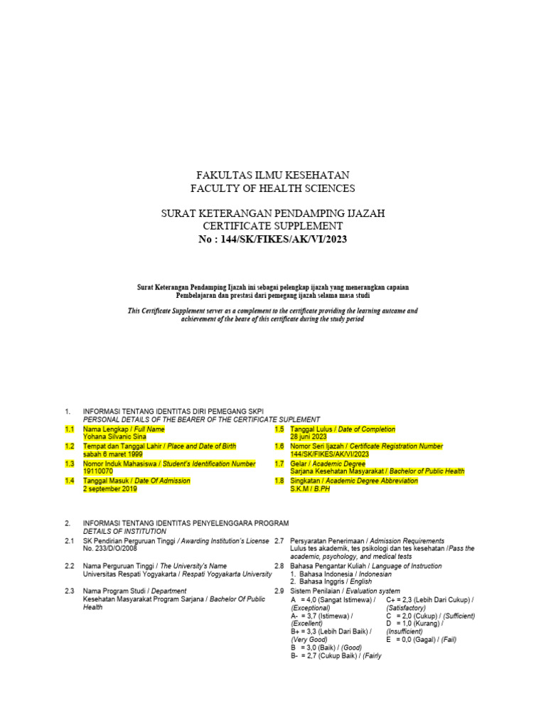 Contoh Isian SKPI 2022 | PDF