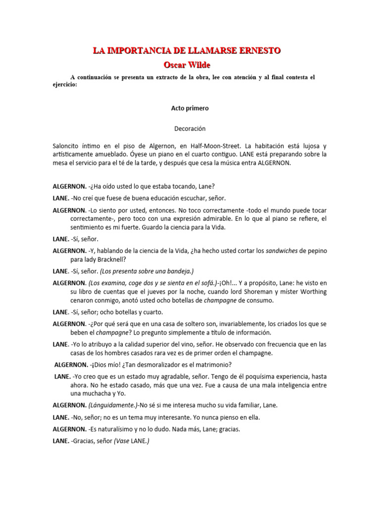La Importancia de Llamarse Ernesto. Ejercicio de Lectura | PDF