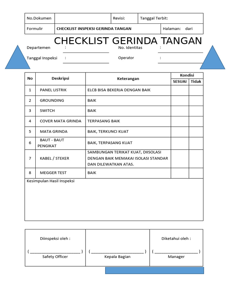 Check List Inspeksi Gerinda Tangan | PDF