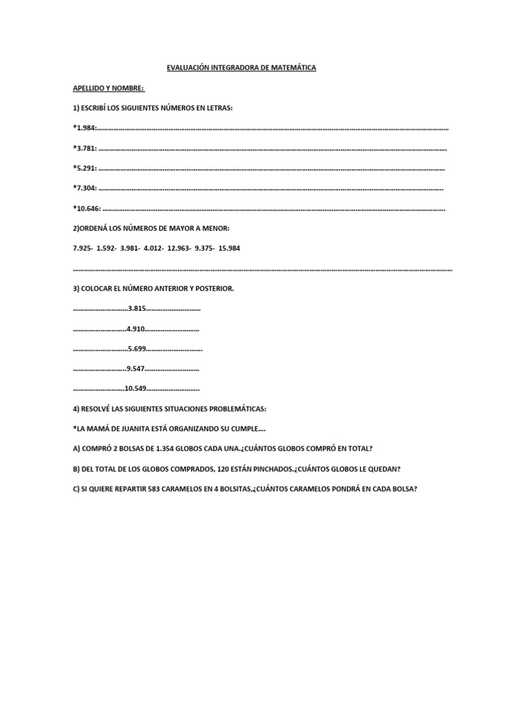 Evaluación Integradora de Matemática 2023 | PDF