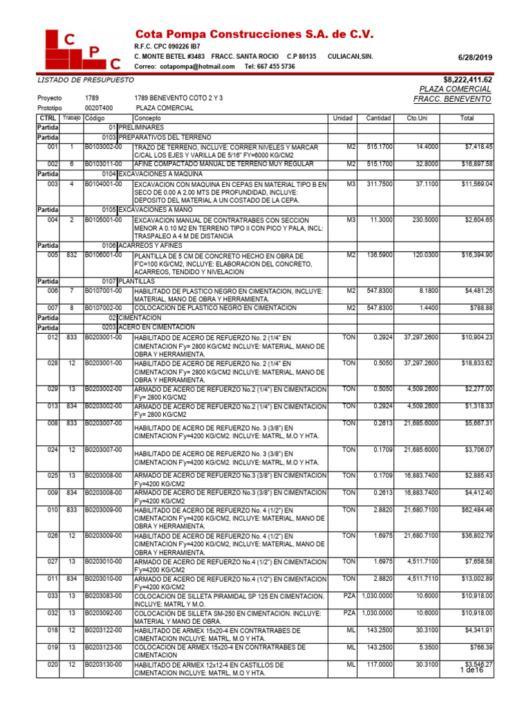 CATALOGO DE CONCEPTOS-PLAZA COMERCIAL 28-Jun-19 | PDF | Ingeniería de Edificación | Albañilería