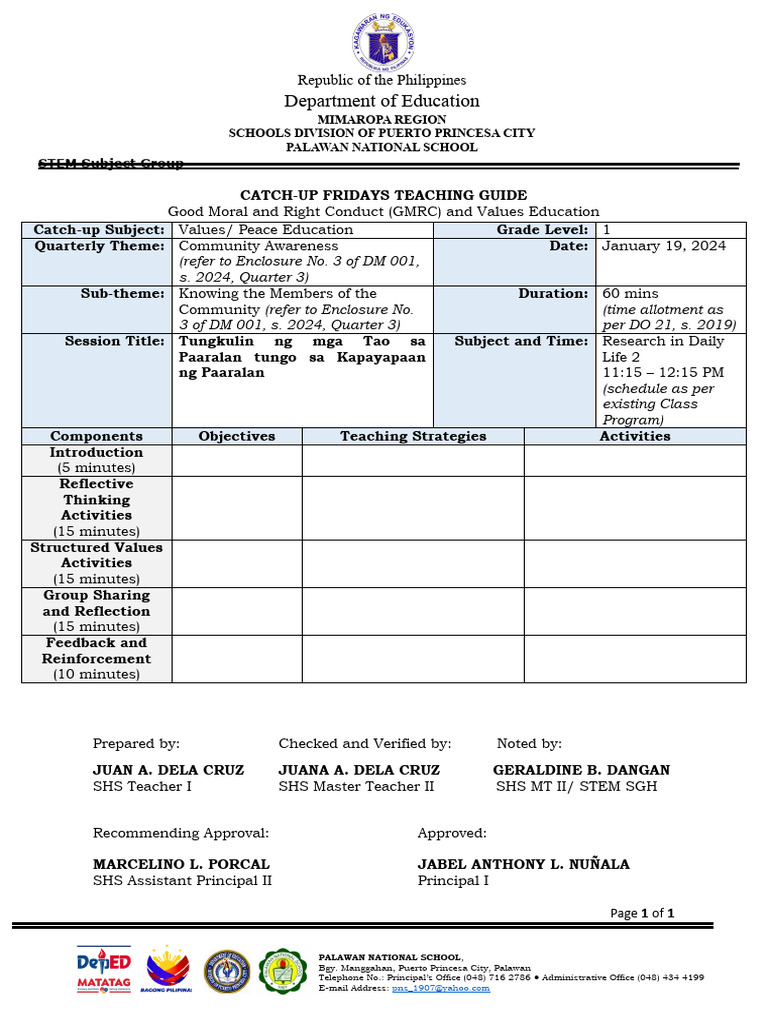 CATCH UP FRIDAYS TEACHING GUIDE GMRC and Values Education Session Guide | PDF