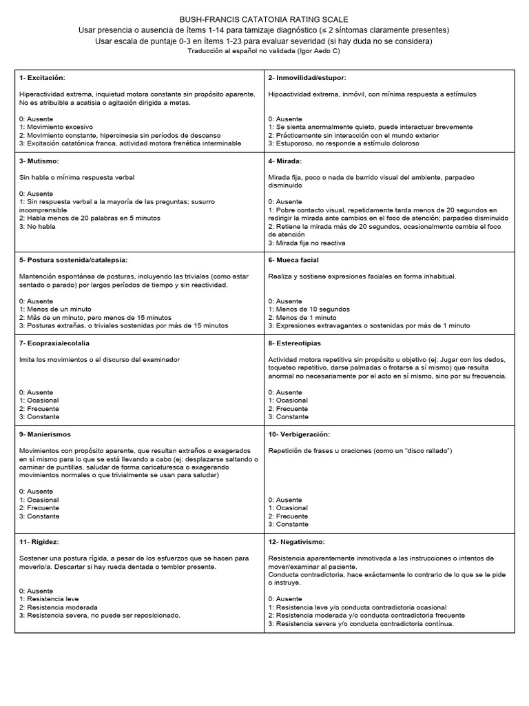 Escala Bush-Francis de Catatonia | PDF | Medicina CLINICA ...