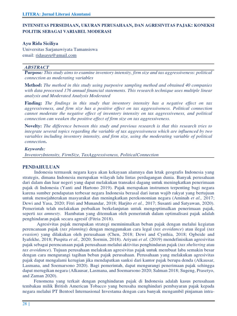 1) Persediaan, Ukuran, & Moderasi Koneksi PLTK THDP Agresivitas Pajak, Ayu Rida Siciliya (V) | PDF