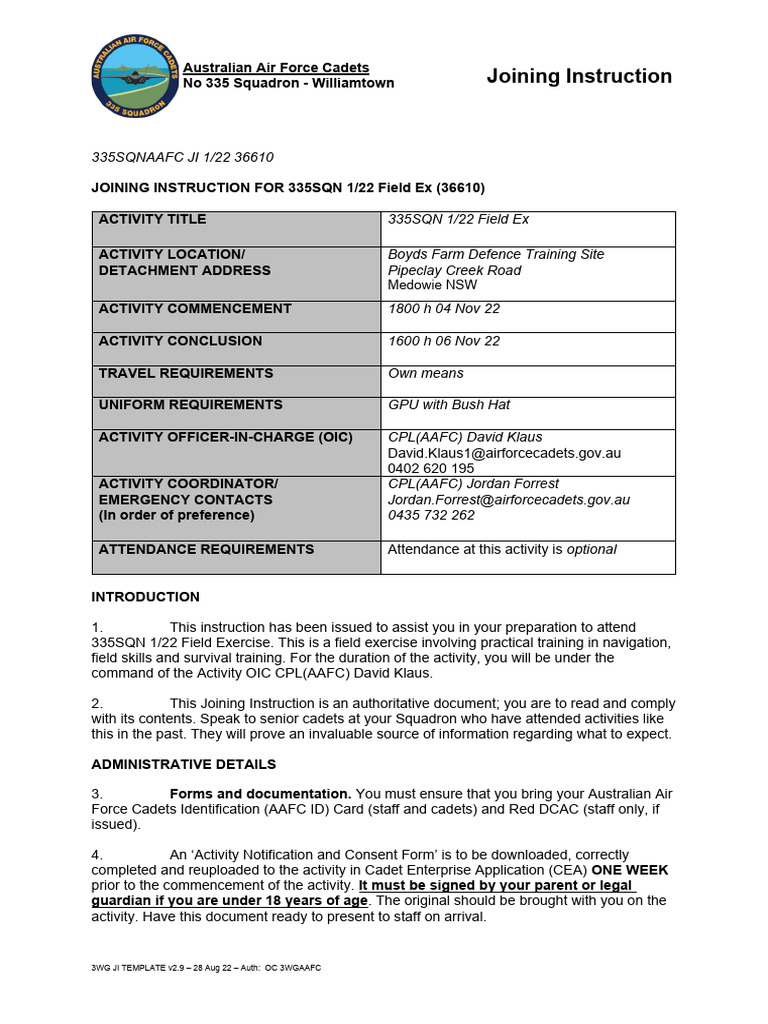 335SQN Field Exercise Joining Guide | PDF | Infection