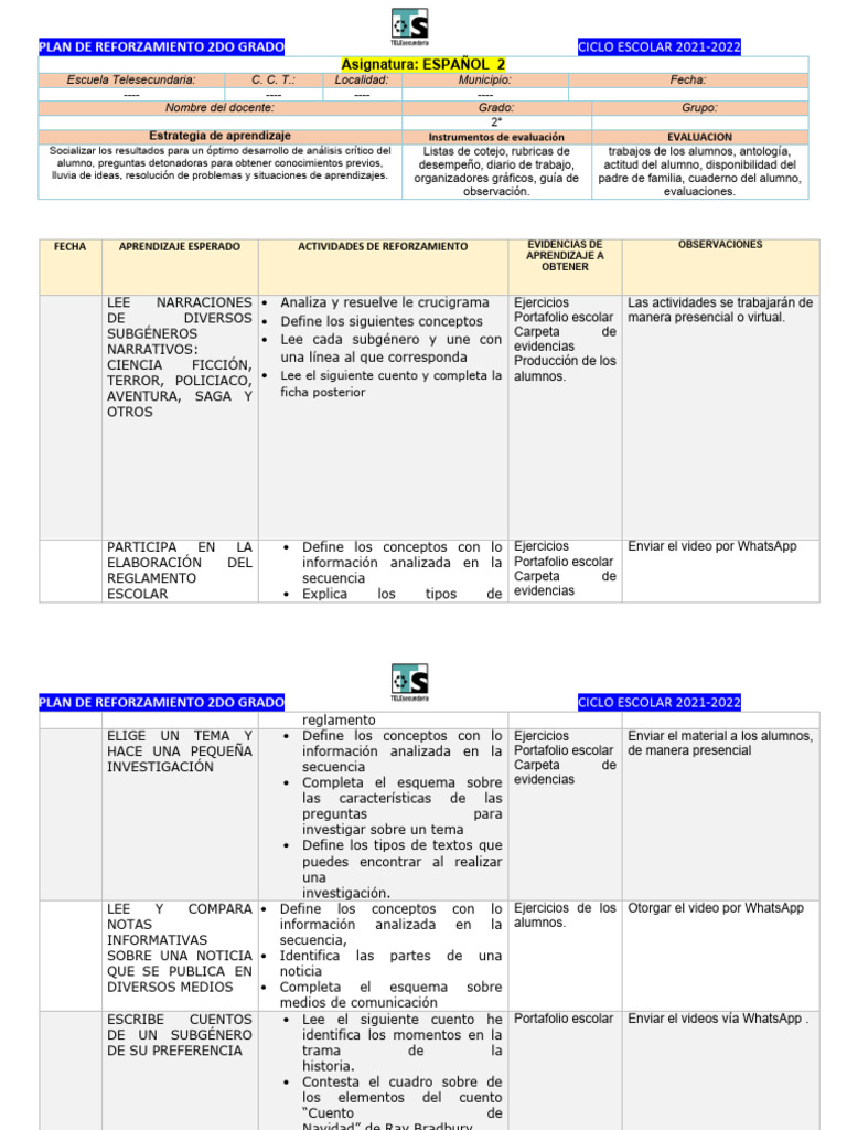 Planeacion ESPAÑOL Segundo Grado | PDF | Evaluación