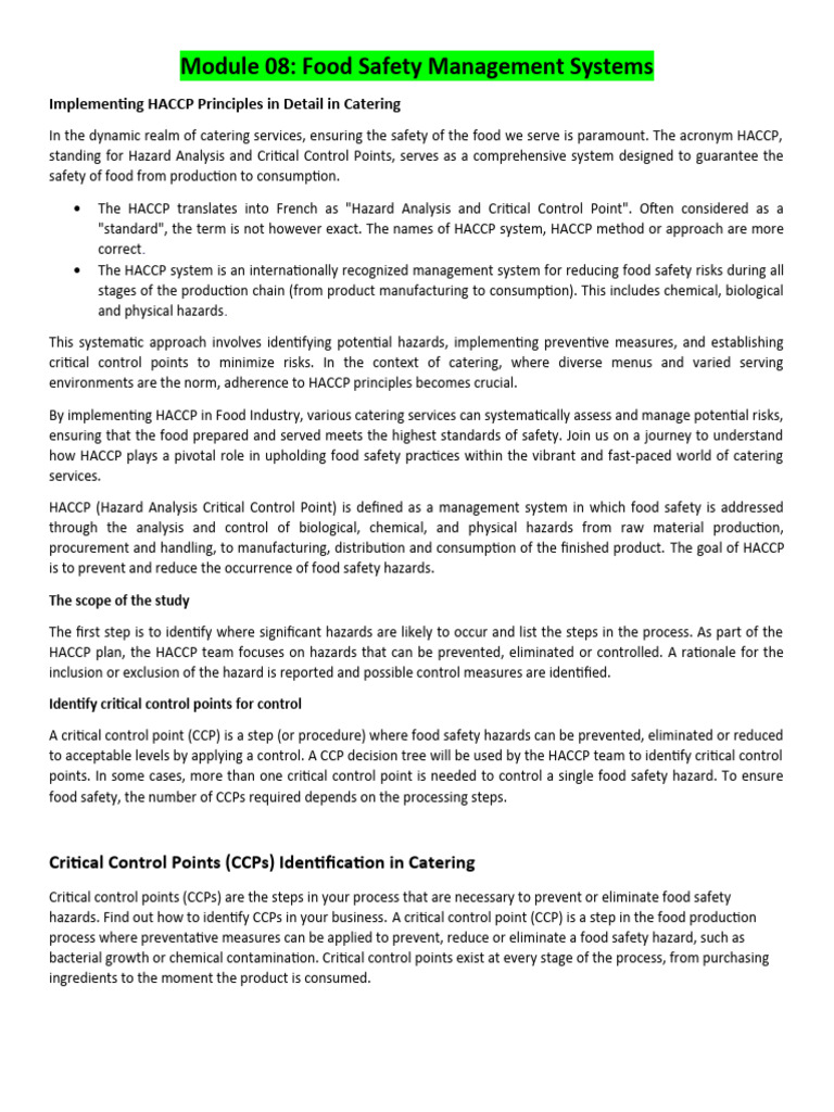 Module 08 Food Safety Management Systems | PDF | Food Safety | Hazard ...