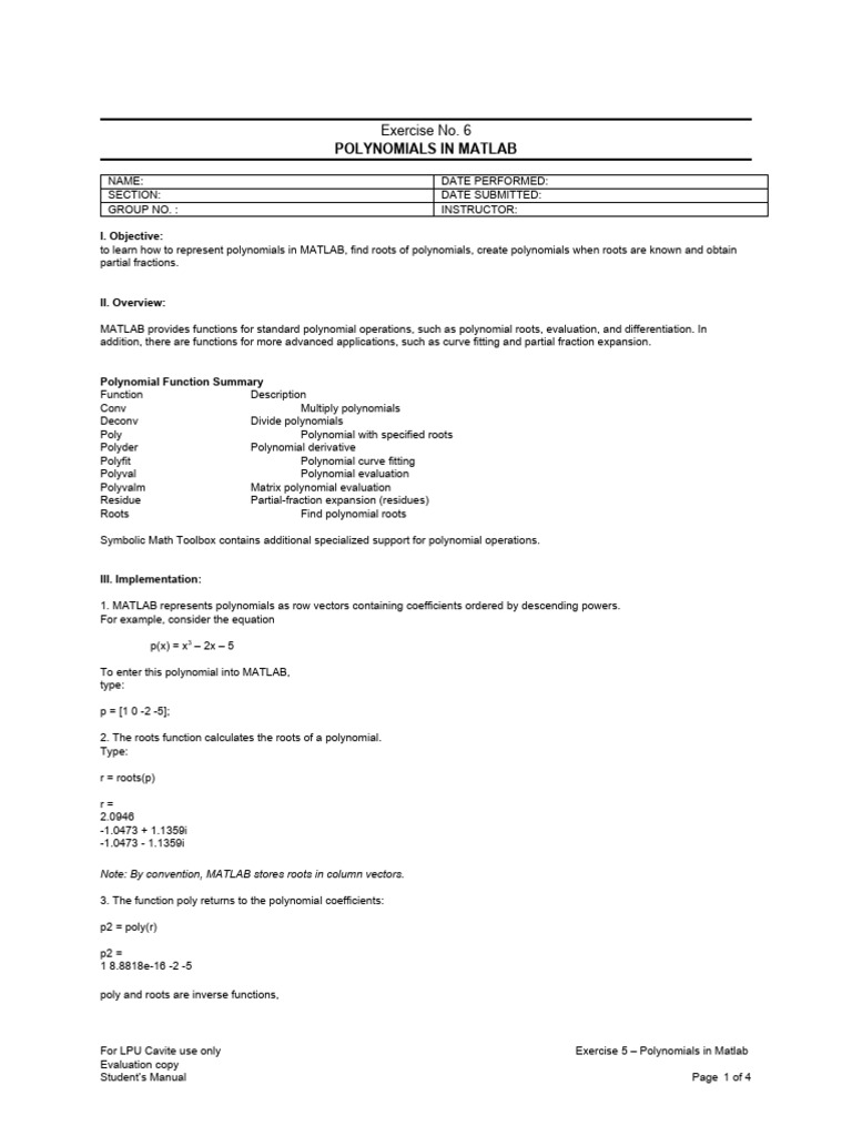 Matlab E6 Polynomials-In-Matlab | PDF | Polynomial | Derivative