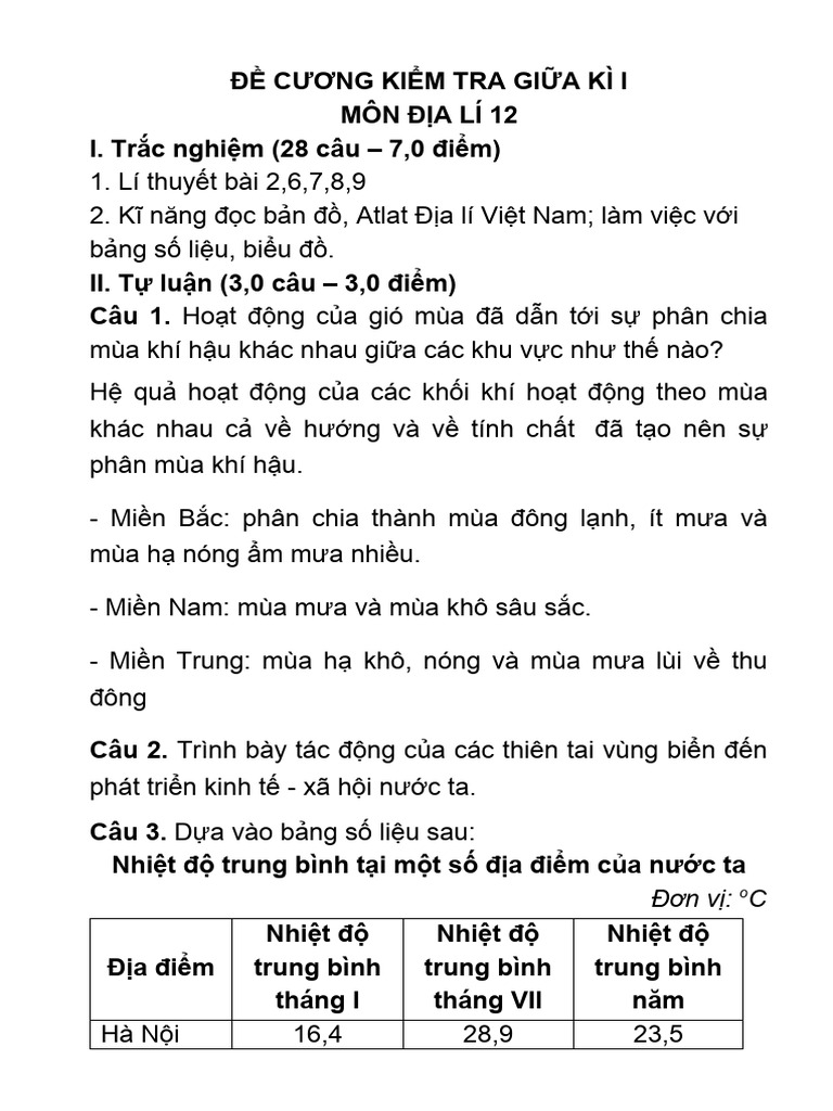 12.de Cuong On Tap Giua Hki | PDF