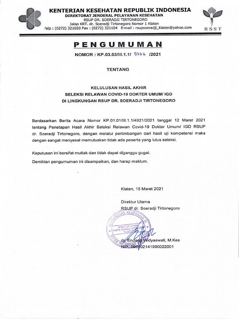 PENGUMUAN Kelulusan Hasil Akhir Seleksi Rewalan COVID Dokter Umum CAP | PDF