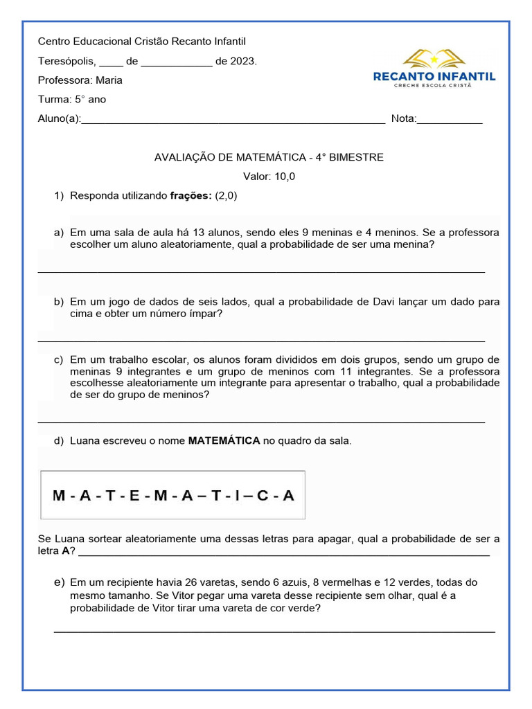Avaliação De Matemática 4 Bimestre Pdf