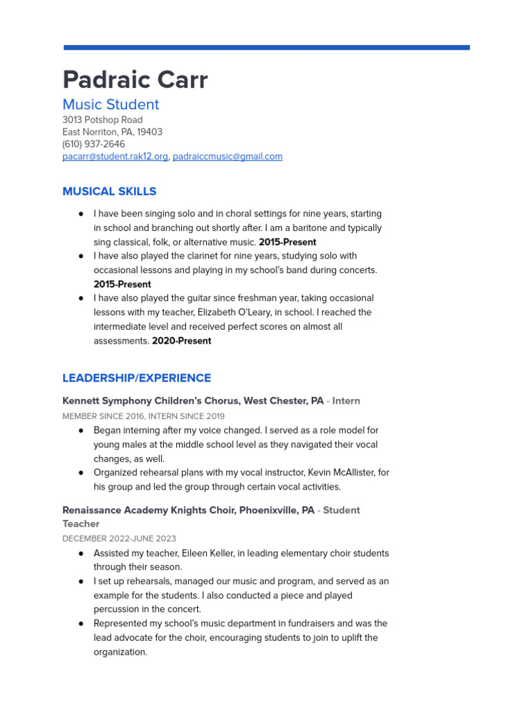 Carr, Padraic Music Student Resume | PDF | Choir | Singing