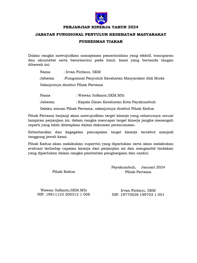 Perjanjian Kinerja Tahun 2024 | PDF