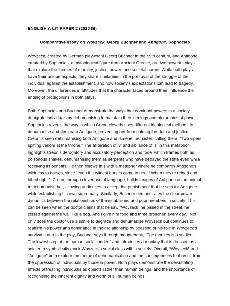 English Comparative Paper 2: Comparing The Texts Woyzeck & Antigone | PDF | Sophocles