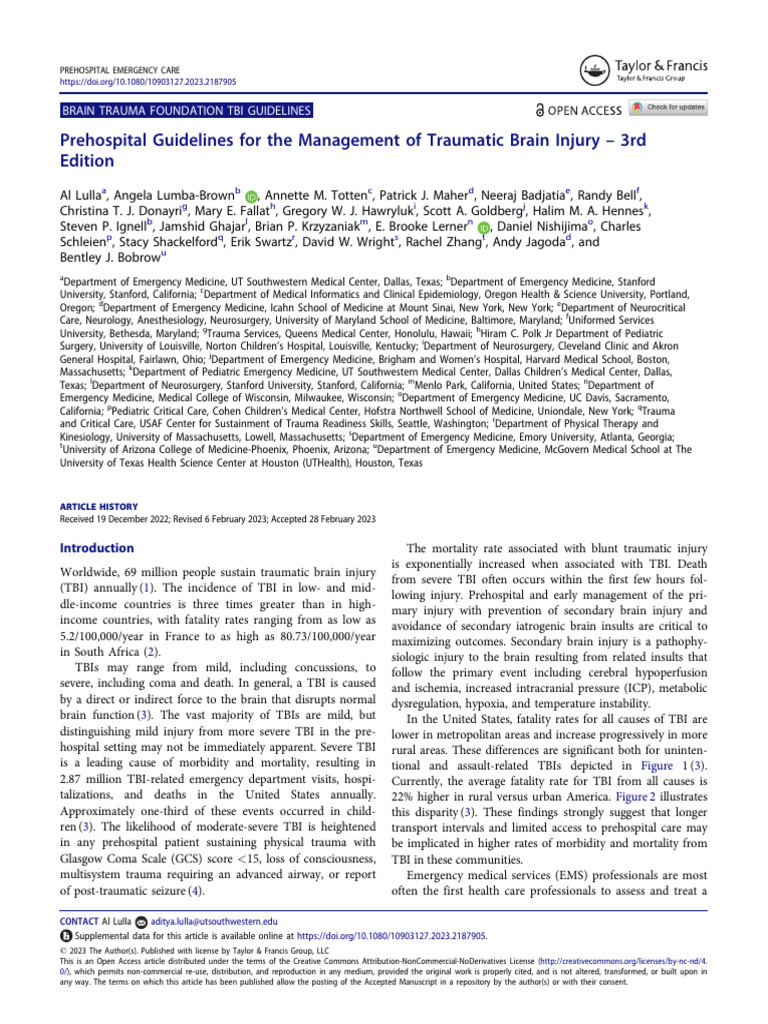 Prehospital Guidelines For The Management of Traumatic Brain Injury ...