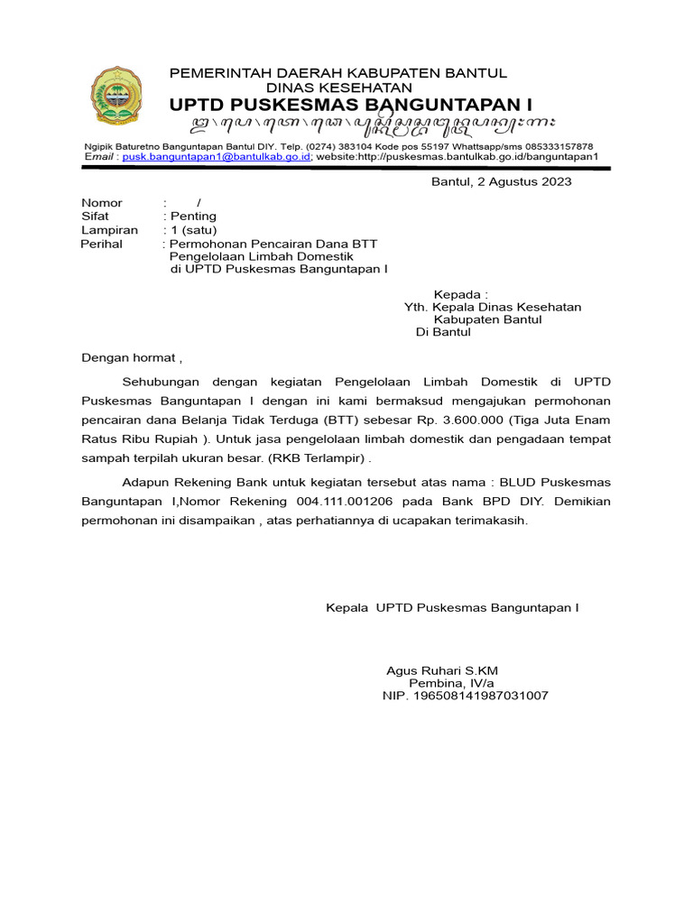 Permohonan Dana BTT Puskesmas Bantul | PDF | Ilmu Sosial