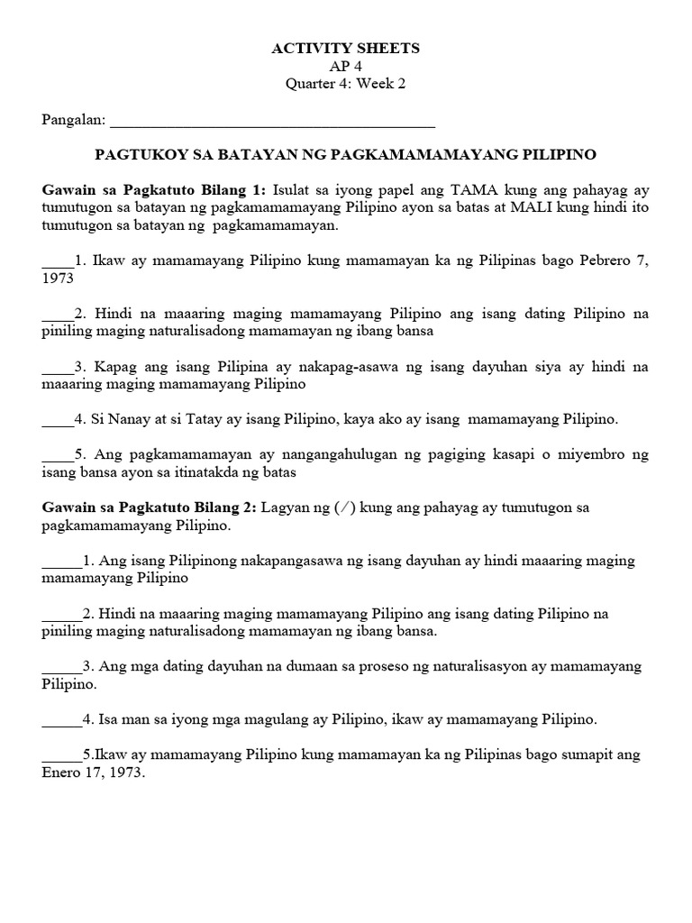 AP 4 Activity Sheet Q4 W1 | PDF