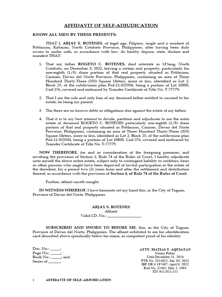 Affidavit of Self-Adjudication Sample | PDF