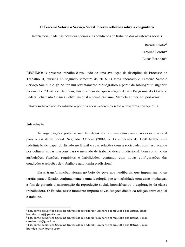 Artigo Terceiro Setor e o Serviço Social Por Brenda Costa e Carolina ...