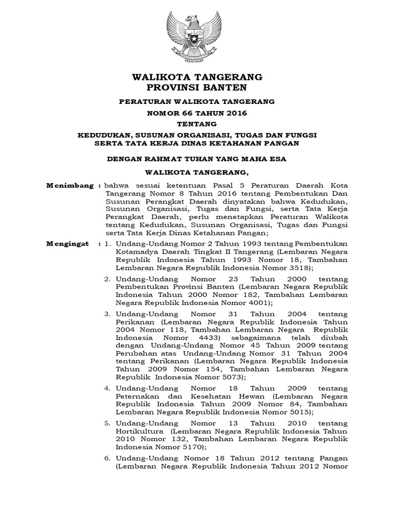 Perwal Kota Tangerang Nomor 66 Tahun 2016 | PDF