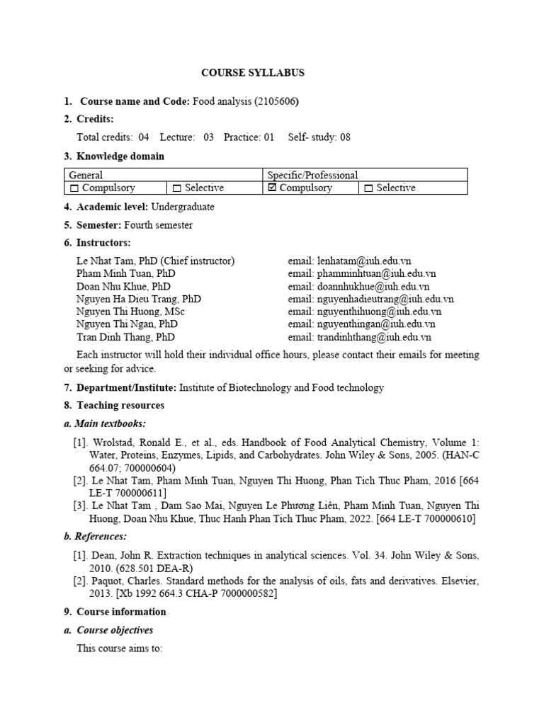COURSE SYLLABUS of Food Analysis | PDF
