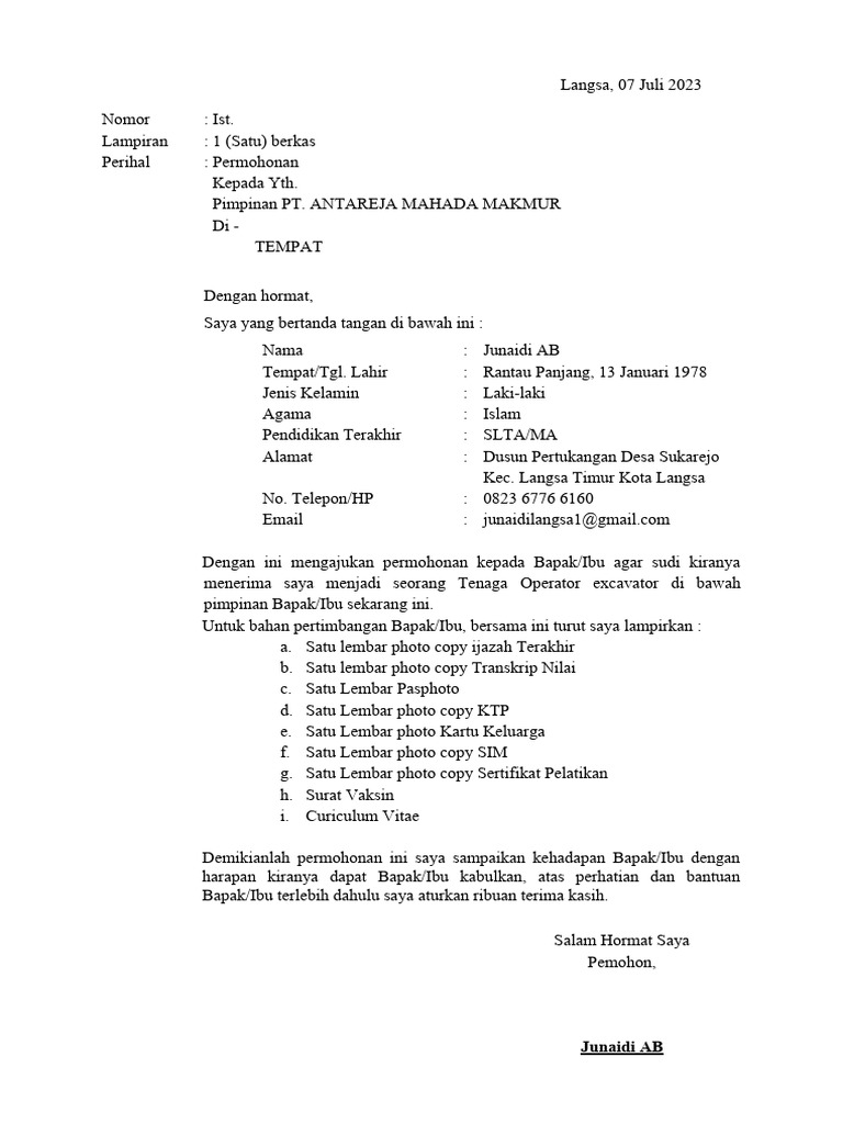 Surat Lamaran Kerja Junaidi | PDF