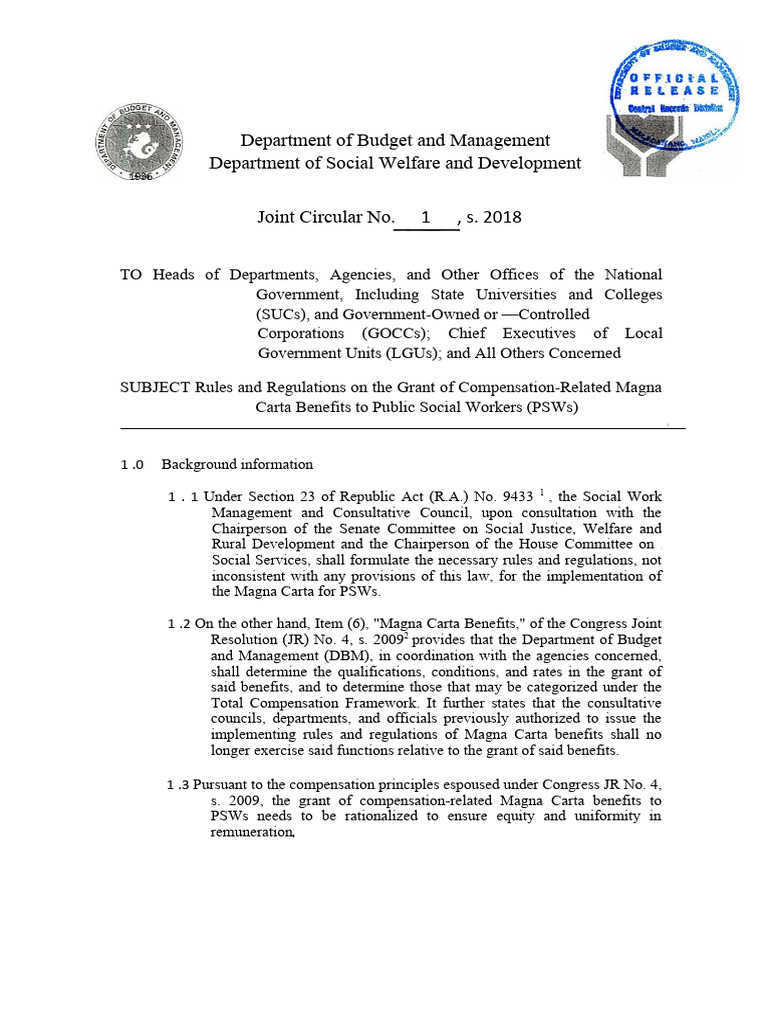 DBM DSWD Joint Circular No 1 S 2018 | PDF | Overtime | Salary