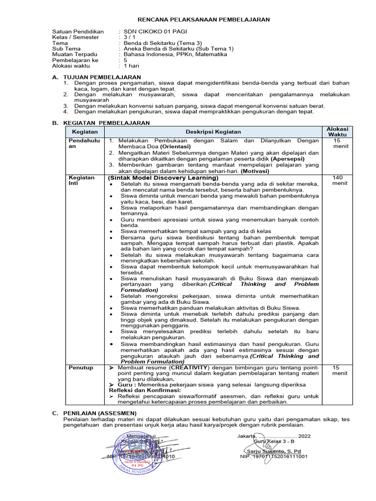RPP Tema 3 Sub Tema 1 PB 5 Kelas 3 | PDF