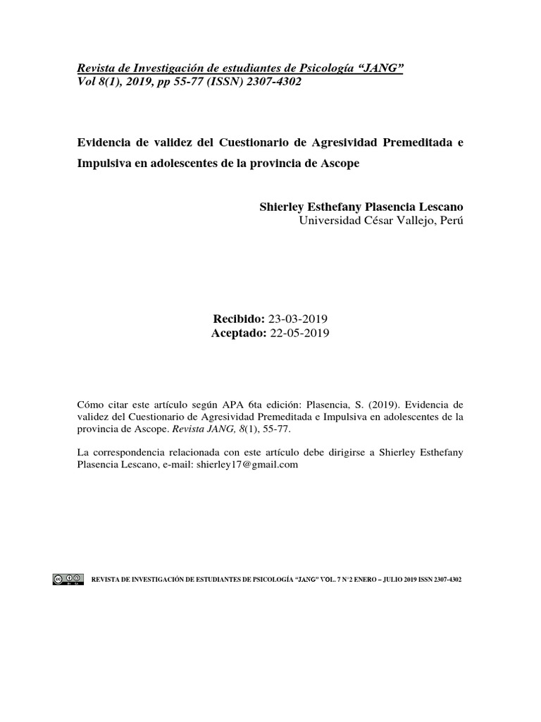 Evidencia de Validez Del Cuestionario de Agresividad Premeditada e ...