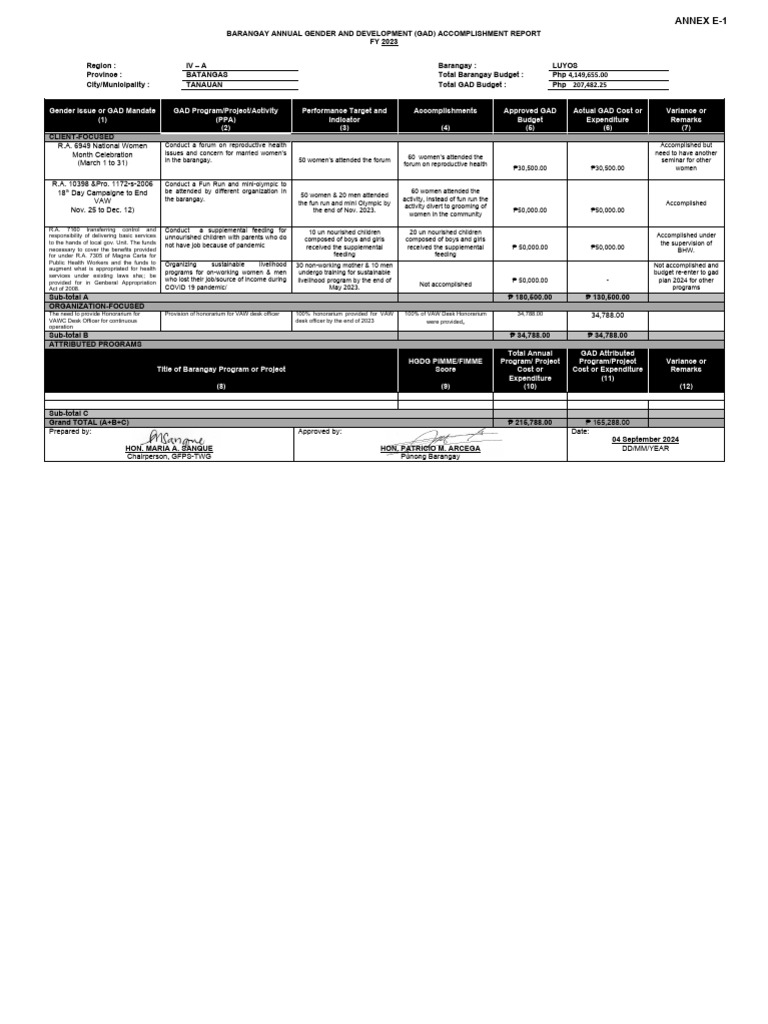 Brgy. Luyos Gad Accomplishment Report For 2024 | PDF