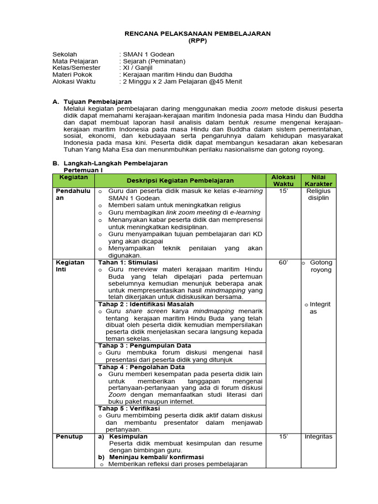 RPP XI MINAT Daring Kerajaan Hindu Budha Di Indonesia | PDF