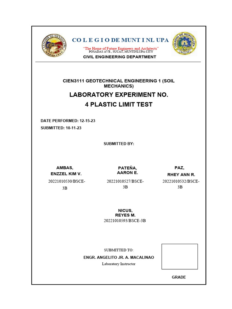 Plastic Limit Test Lab Report | PDF | Civil Engineering | Applied And ...